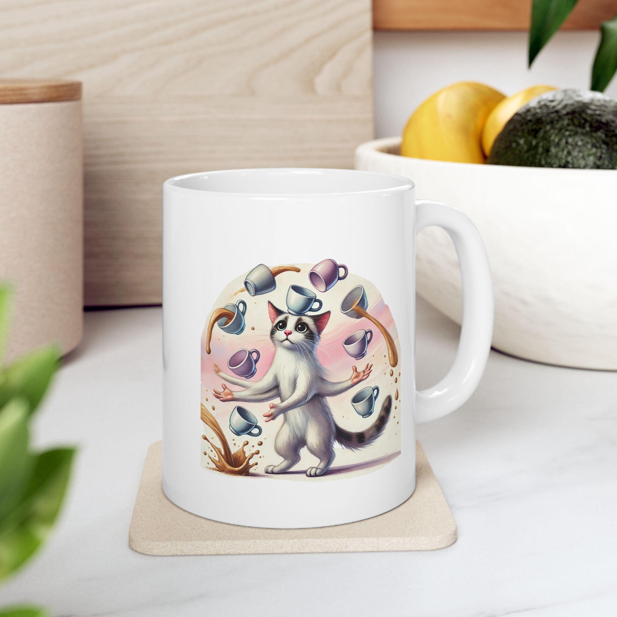 Adorable Cat Juggling Coffee Cups Mug Fun Gift for Coffee and Cat ...