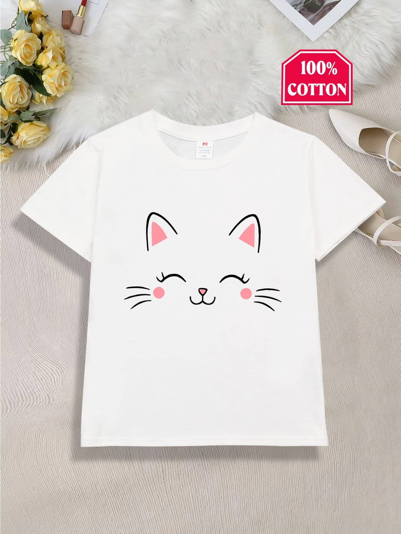Adorable Cat Print Cotton T-Shirt for Girls - Comfy & Cute Short Sleeve ...