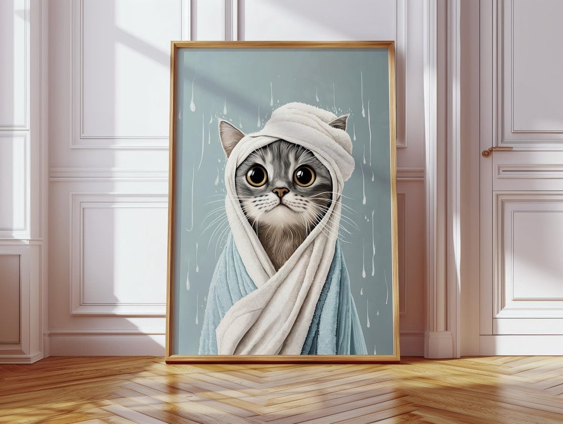 Adorable Cat Showering Cute Kitten Restroom Sign Poster Art Unframed ...