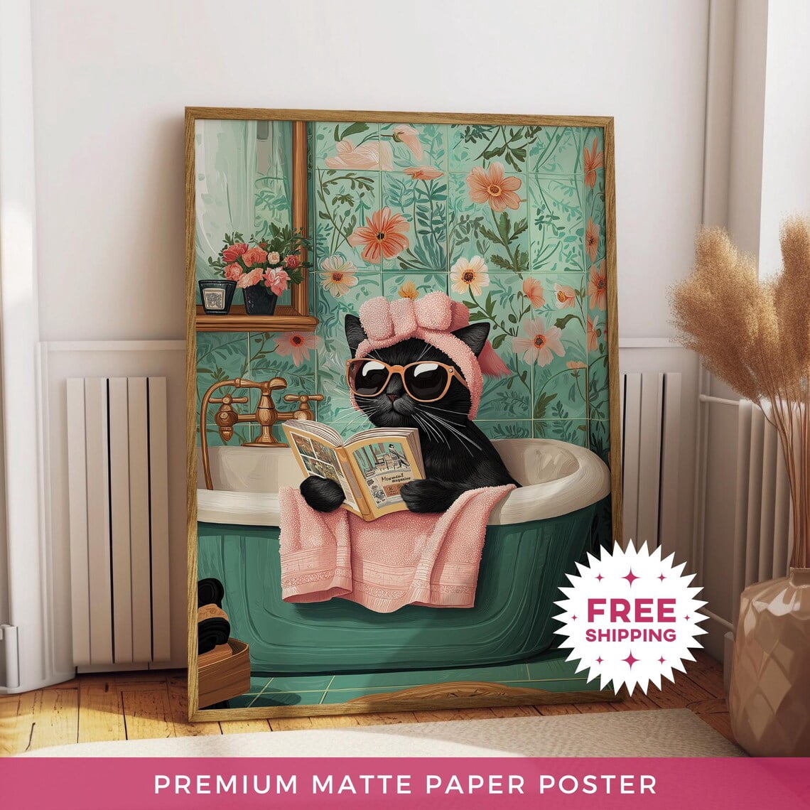 Adorable Cat Showering Matte Paper Cute Pet Restroom Poster Unframed ...