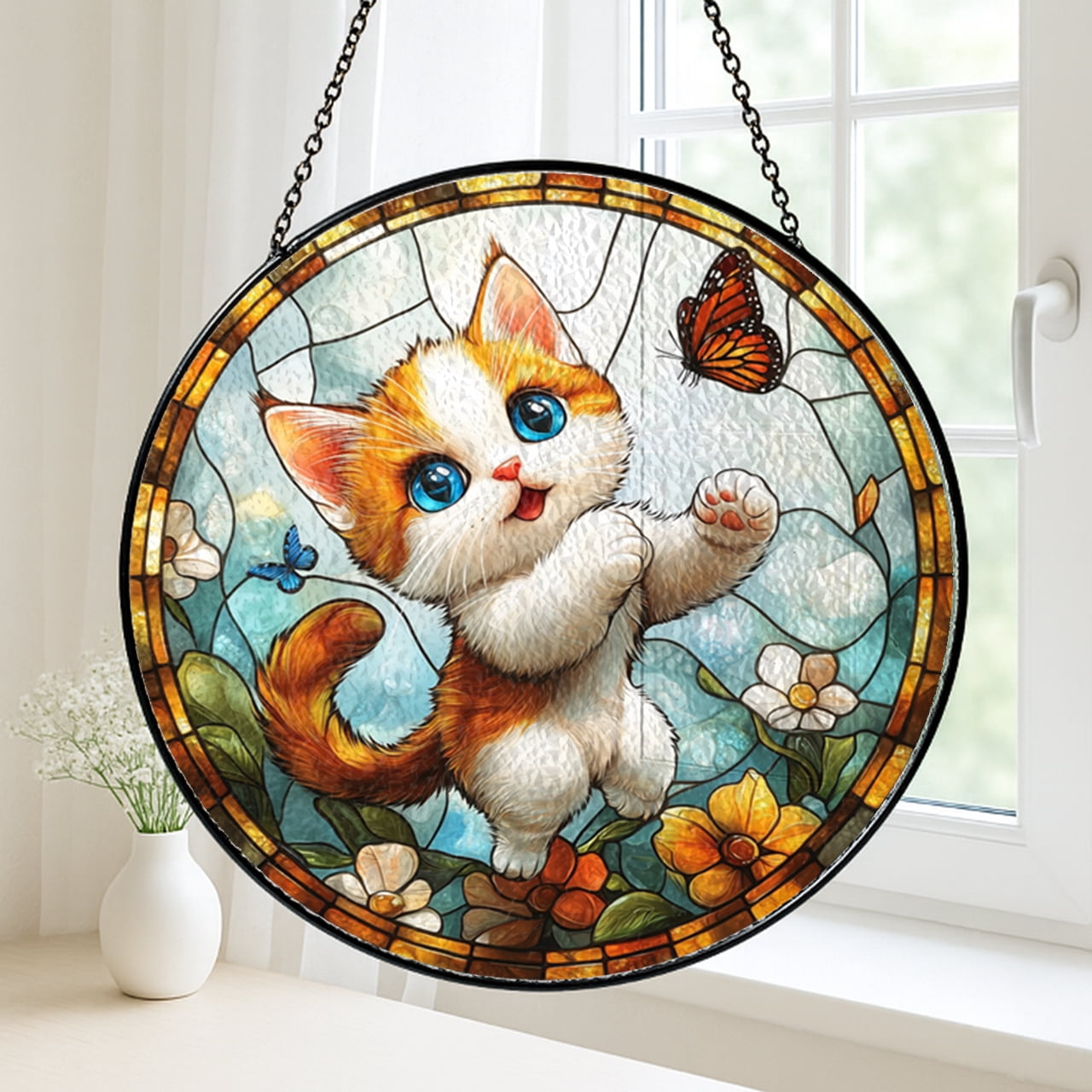 Adorable Cat Stained Glass Style Suncatcher, Cute Feline Window Hanging ...