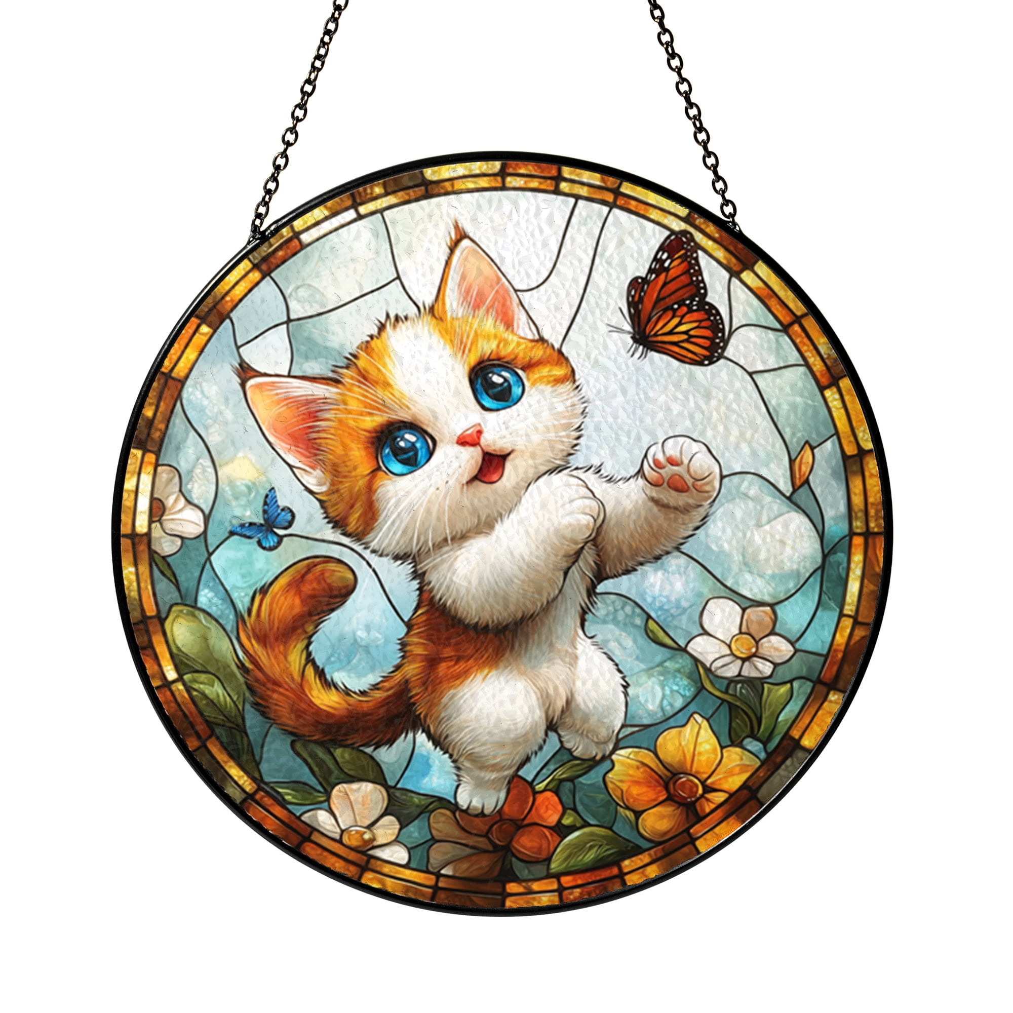 Adorable Cat Stained Glass Style Suncatcher, Cute Feline Window Hanging ...