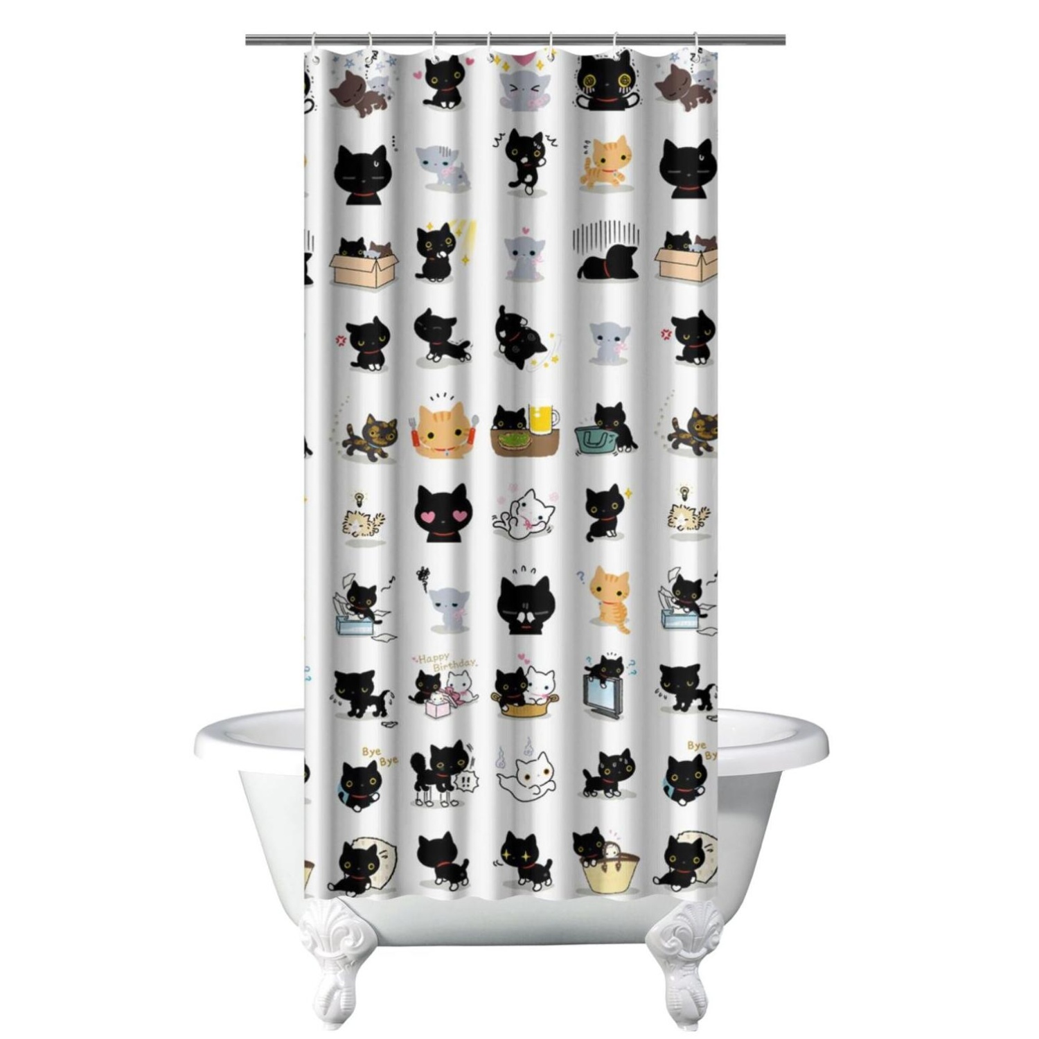 Adorable Cat-Themed Print Shower Curtain, Hand-Drawn Cat Illustration ...