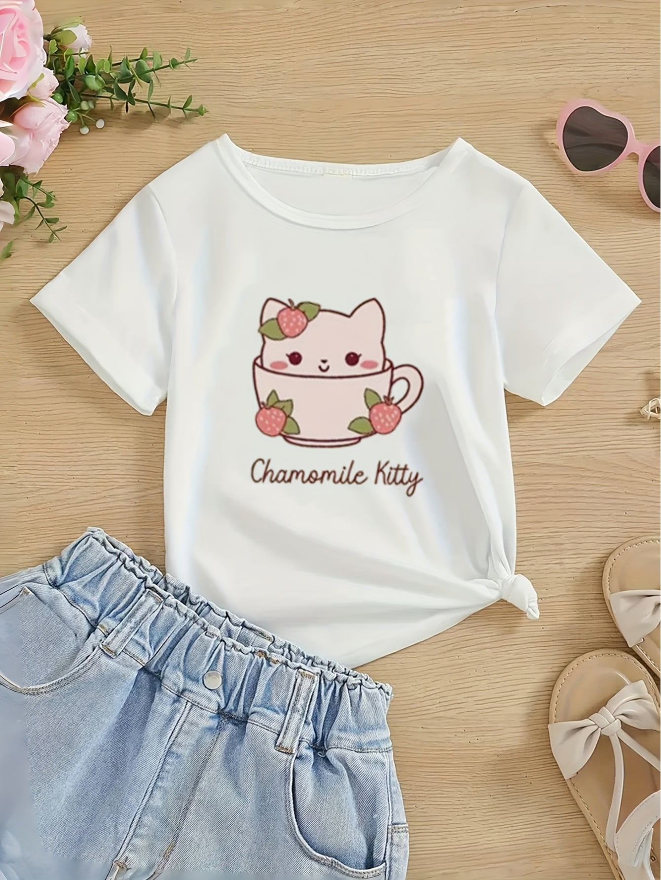 Adorable "Chamomile Kitty" Graphic Tee for Girls - Comfy Polyester Round Neck T-Shirt with Cute ...