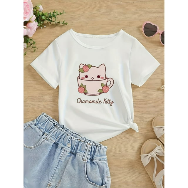 Adorable "Chamomile Kitty" Graphic Tee for Girls - Comfy Polyester ...