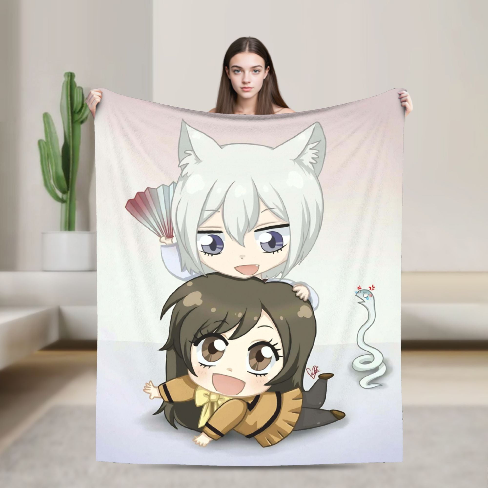 Adorable Chibi Anime Couple with Fox Ears and Snake Blanket on Soft ...