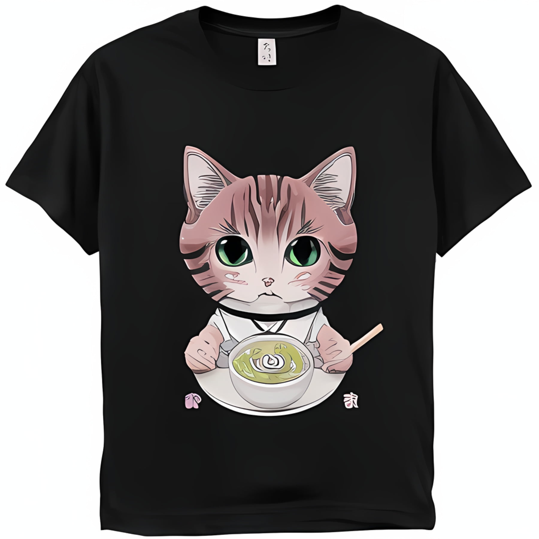 Adorable Chibi Cat Eating Matcha in Ramen Bowl Design on Black T-Shirt ...