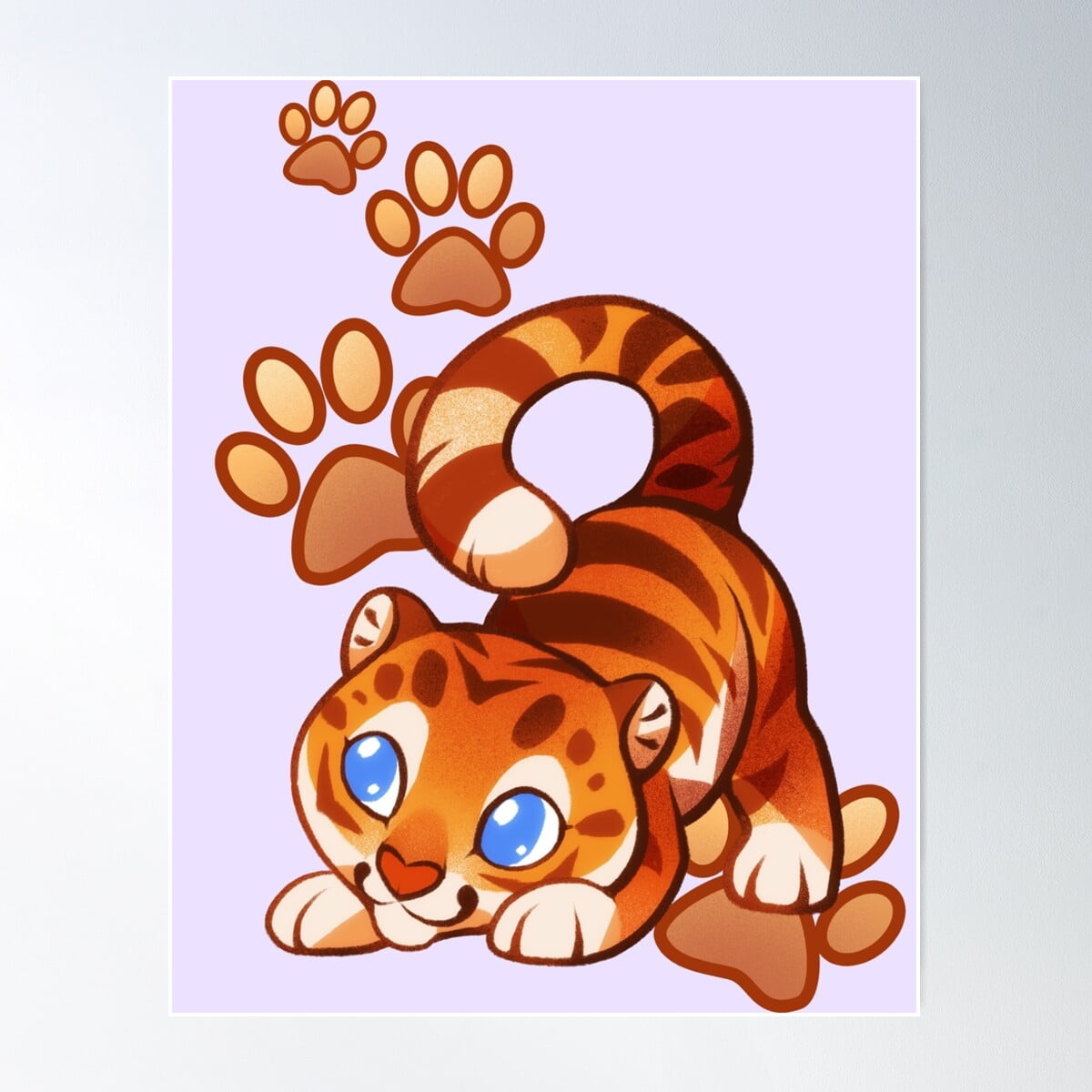 Adorable Chibi Golden Tiger Digital Drawing With Paw Prints Poster Wall ...