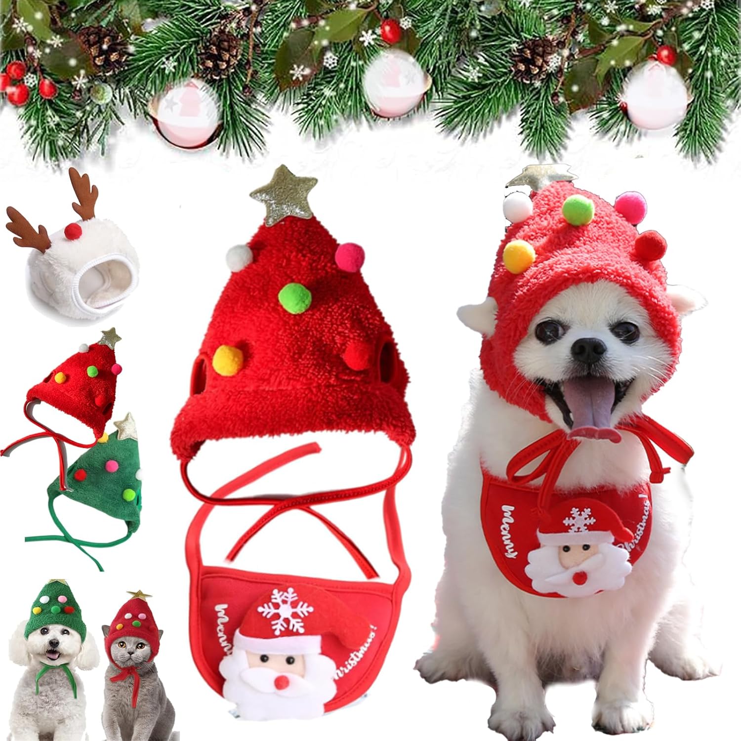 Adorable Christmas Tree Pom-Pom Hat, 2025 New Christmas Hat for Pets ...