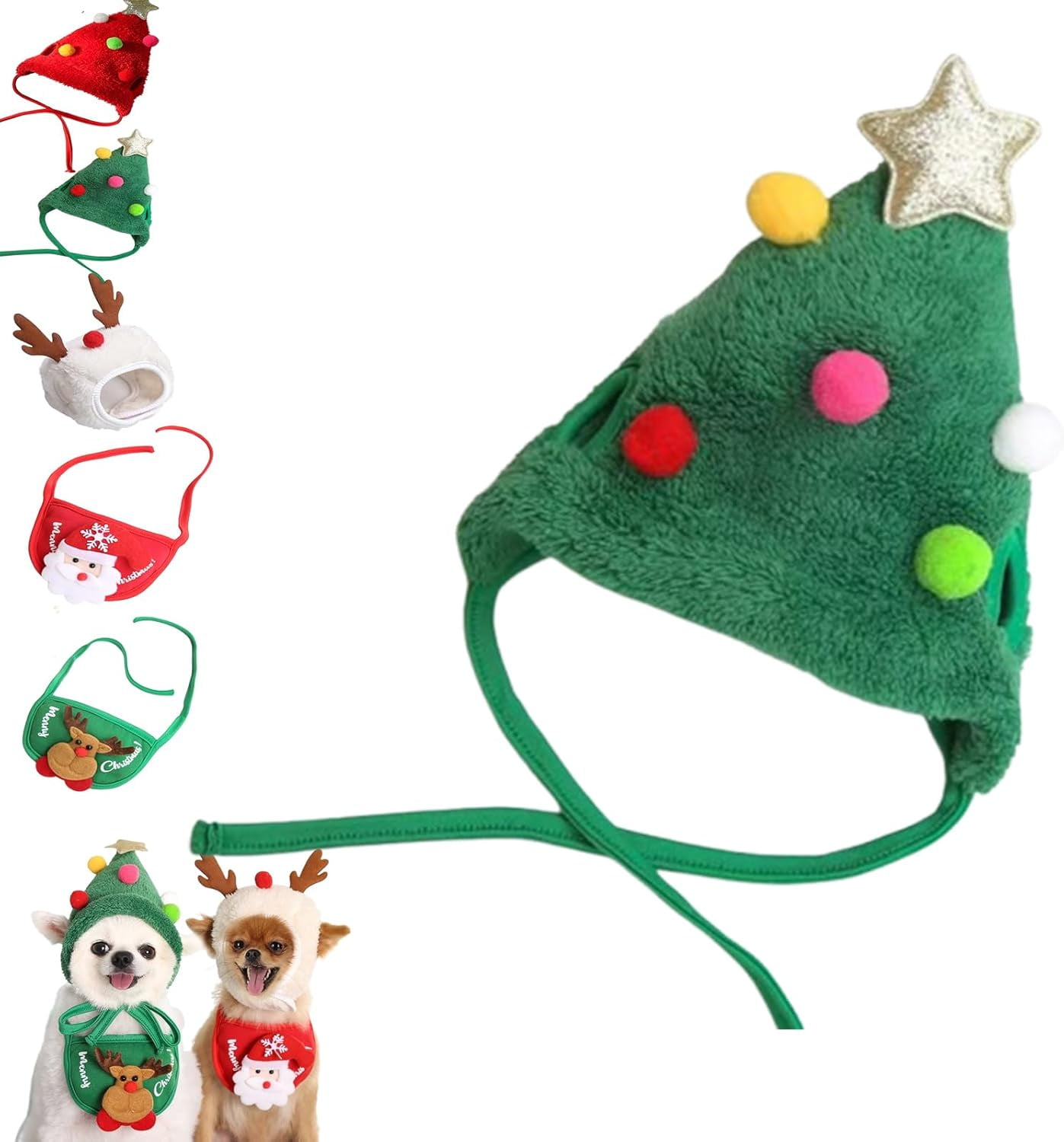 Adorable Christmas Tree Pom-Pom Hat, Adjustable Cat Dog Christma Collar ...