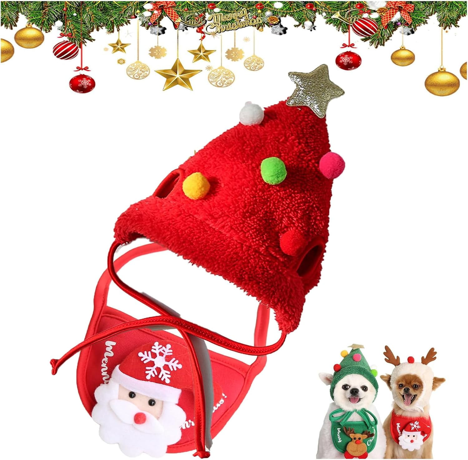 Adorable Christmas Tree Pom-Pom Hat, Dog Christmas Tree Hat, Funny Soft ...