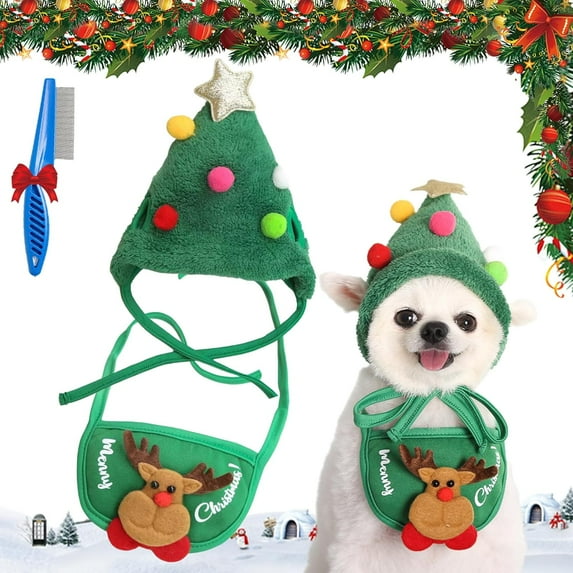Adorable Christmas Tree Pom-Pom Hat for Dogs, Adjustable Dog Christmas ...