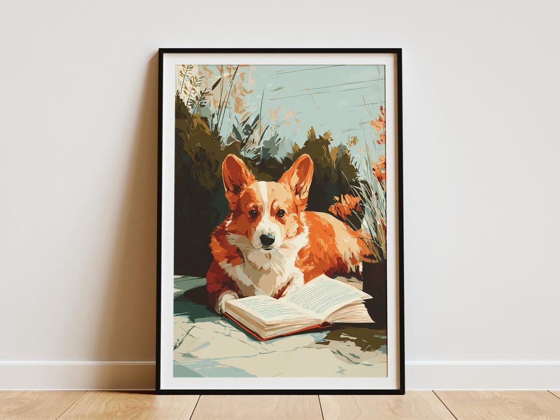 Adorable Corgi Dog Reading Outdoors Art Whimsical Pet Illustration Book ...
