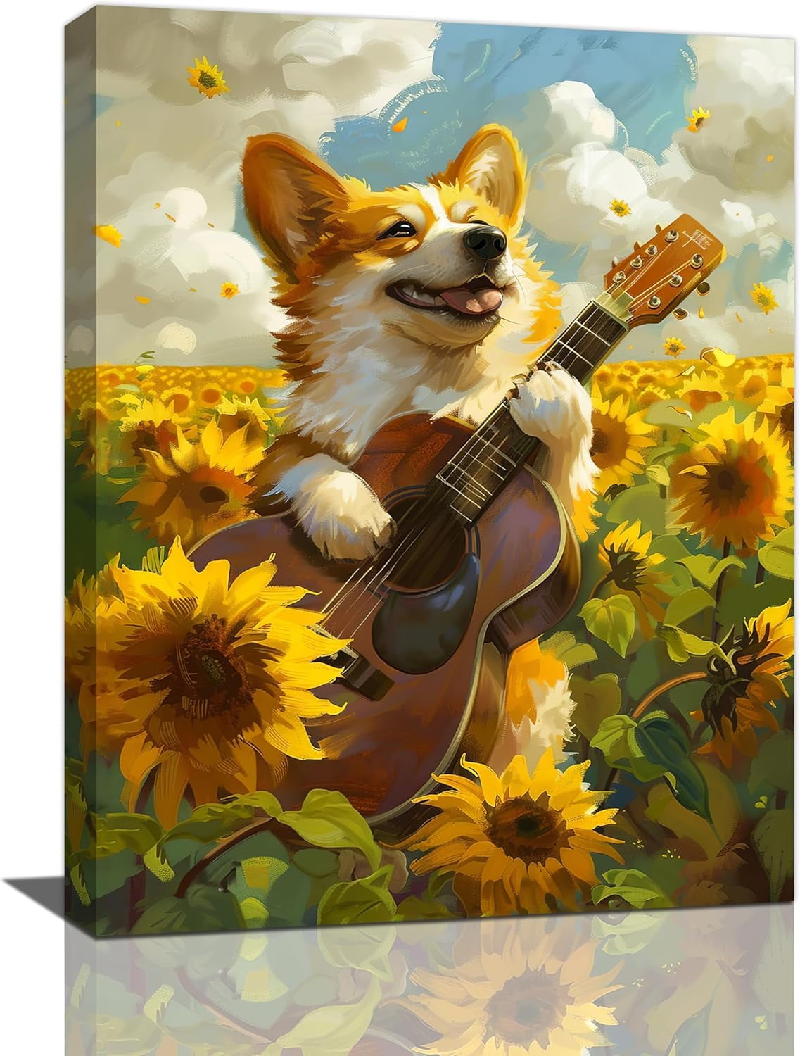 Adorable Corgi with Guitar in Sunflower Field Canvas Poster - Charming ...