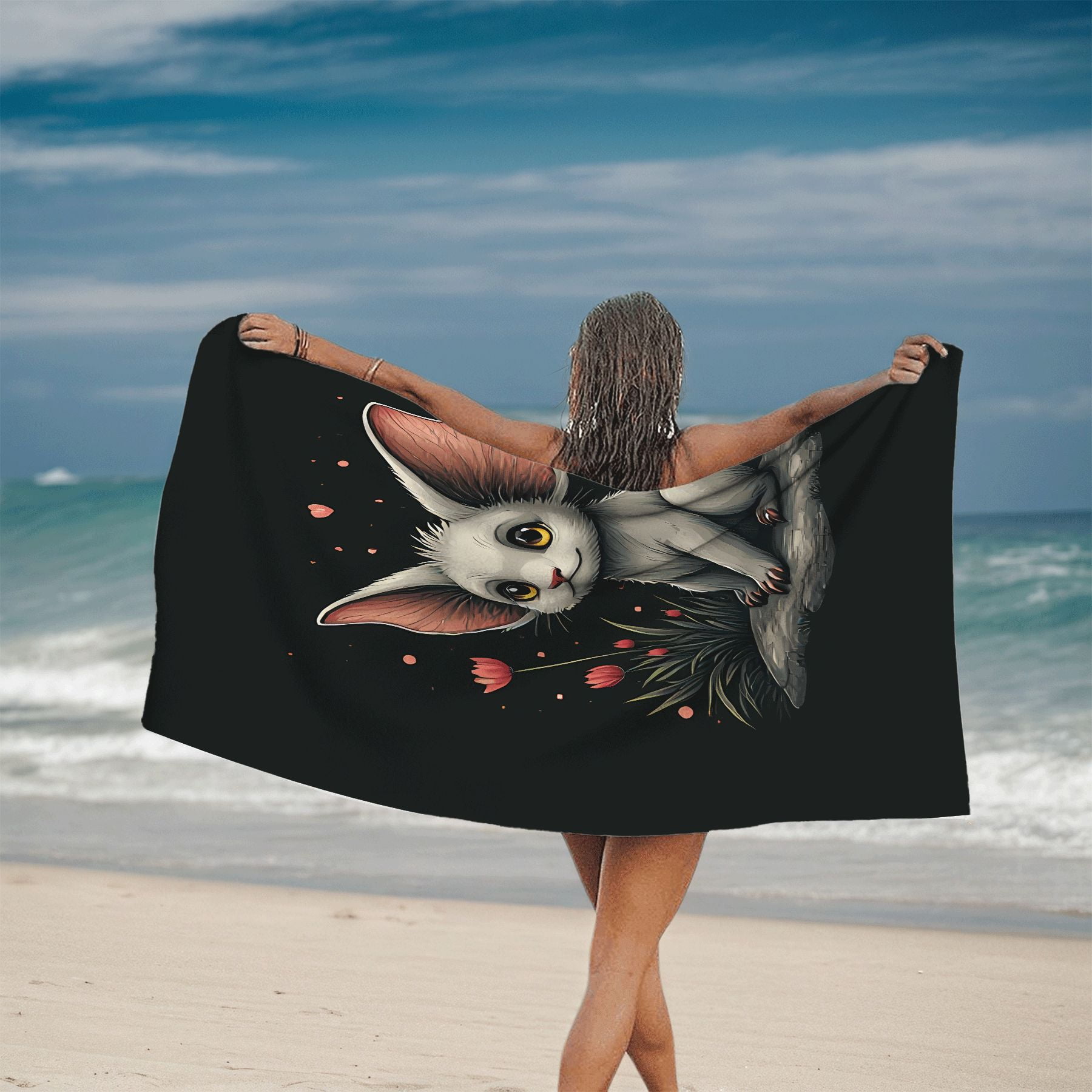 Adorable Creature Beach Towel - Large Pink Ears & Yellow Eyes Design ...