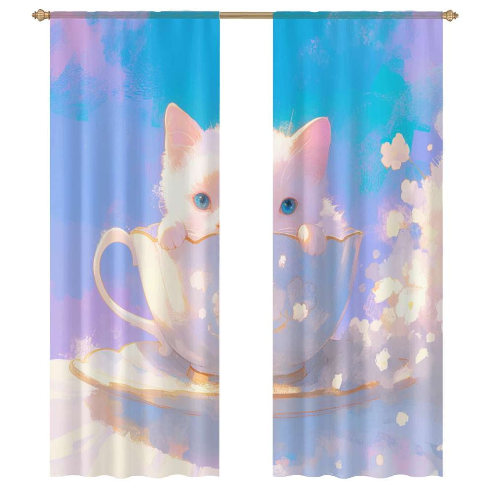 Adorable Cup Cat Sheer Voile Curtain Window Tulle Curtains For Living ...