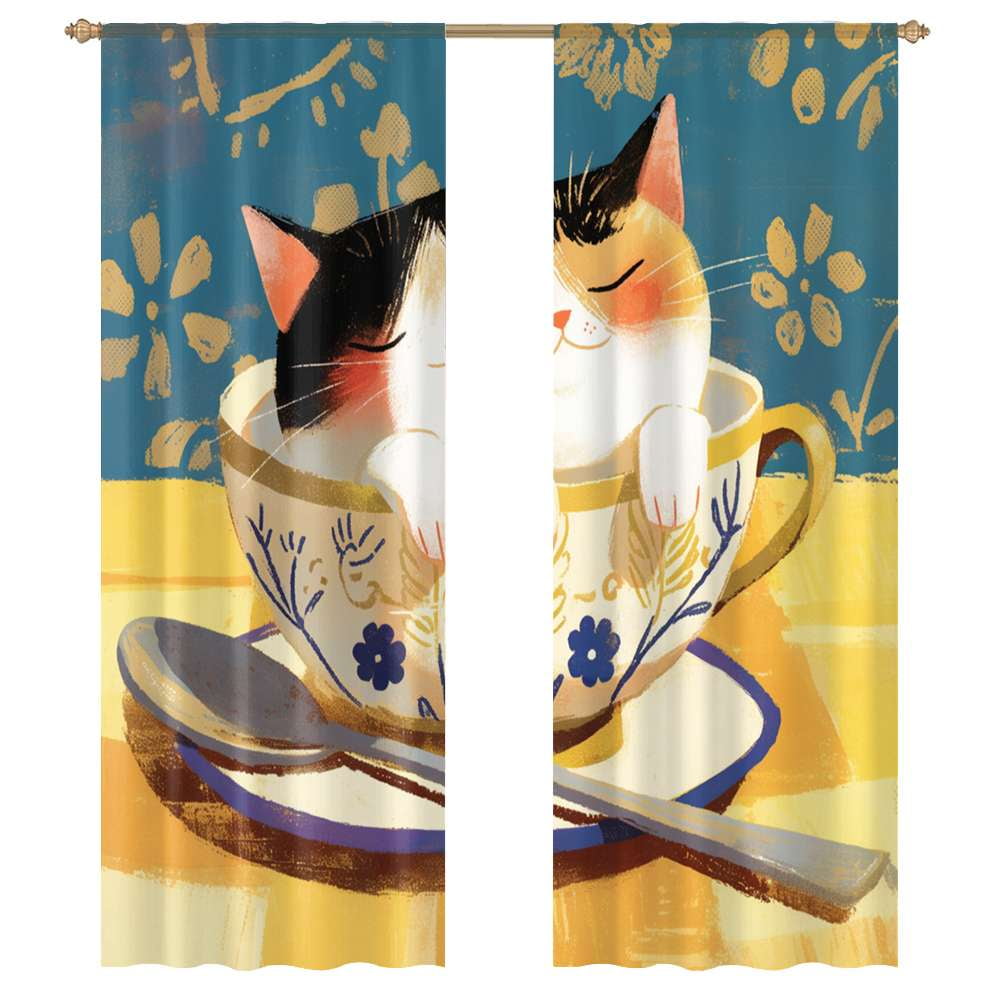 Adorable Cup Cat Sheer Voile Curtain Window Tulle Curtains For Living ...