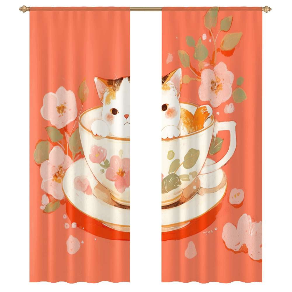 Adorable Cup Cat Sheer Window Curtains for Living Room Kitchen Bedroom ...