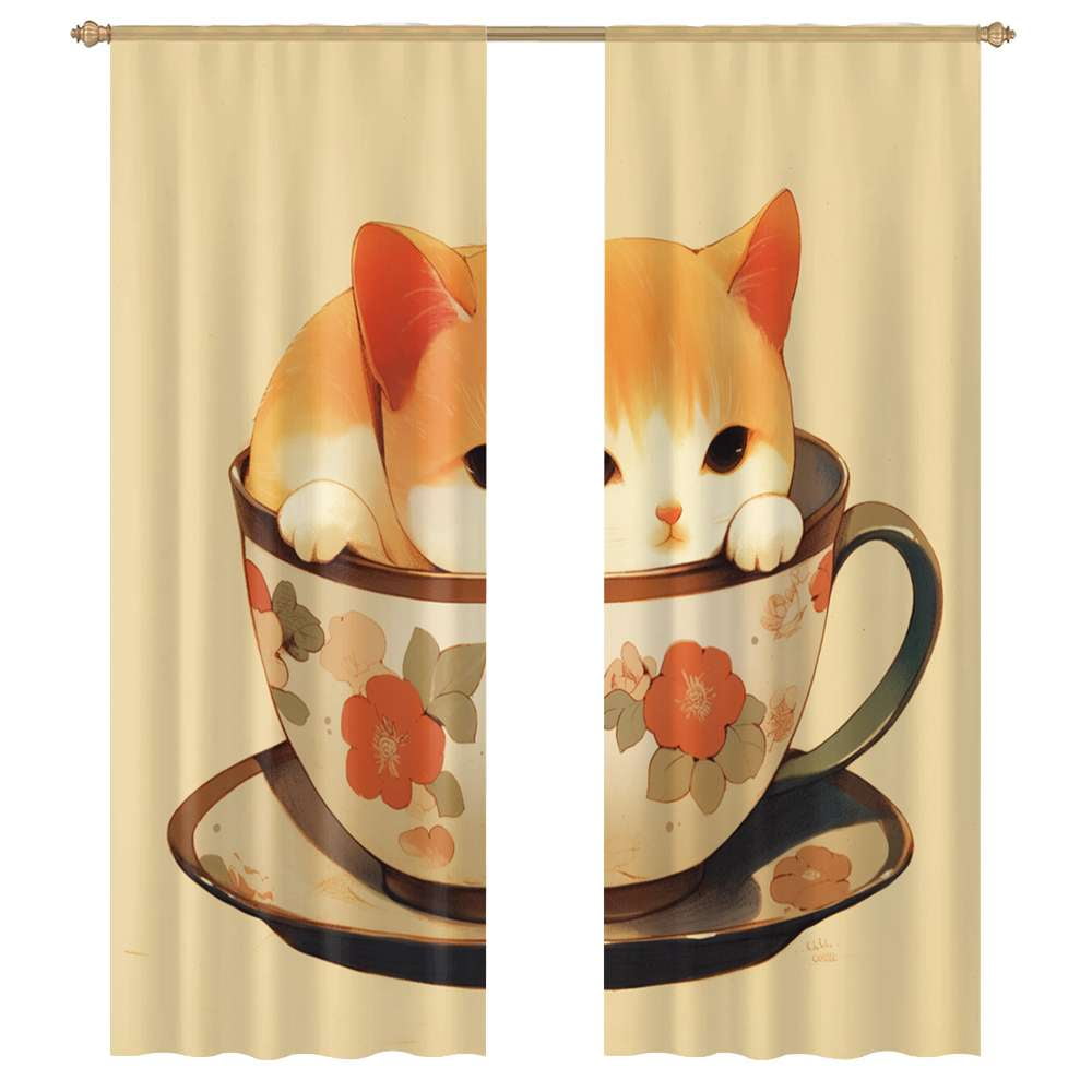 Adorable Cup Cat Tulle Curtains For Living Room Chiffon Sheer Voile ...