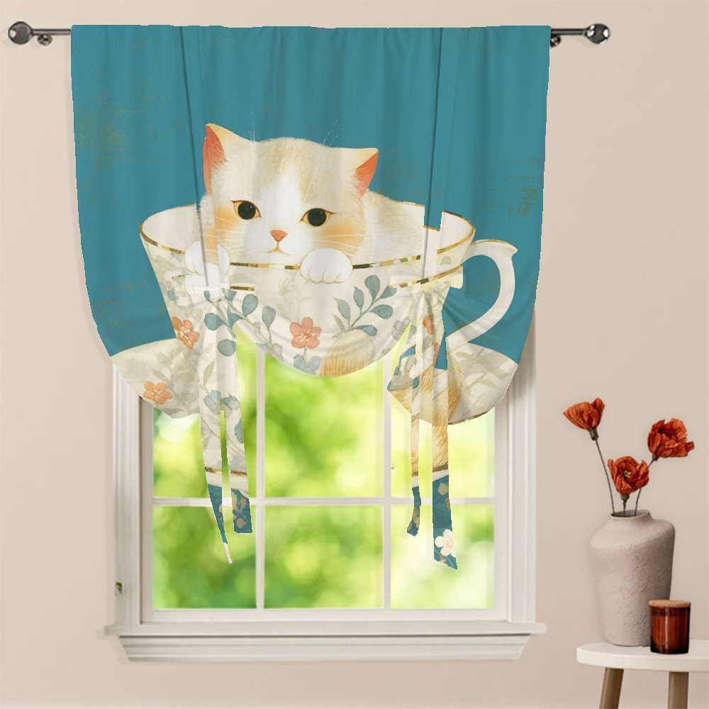 Adorable Cup Cat Window Curtain for Living Room Roman Curtain Kitchen ...