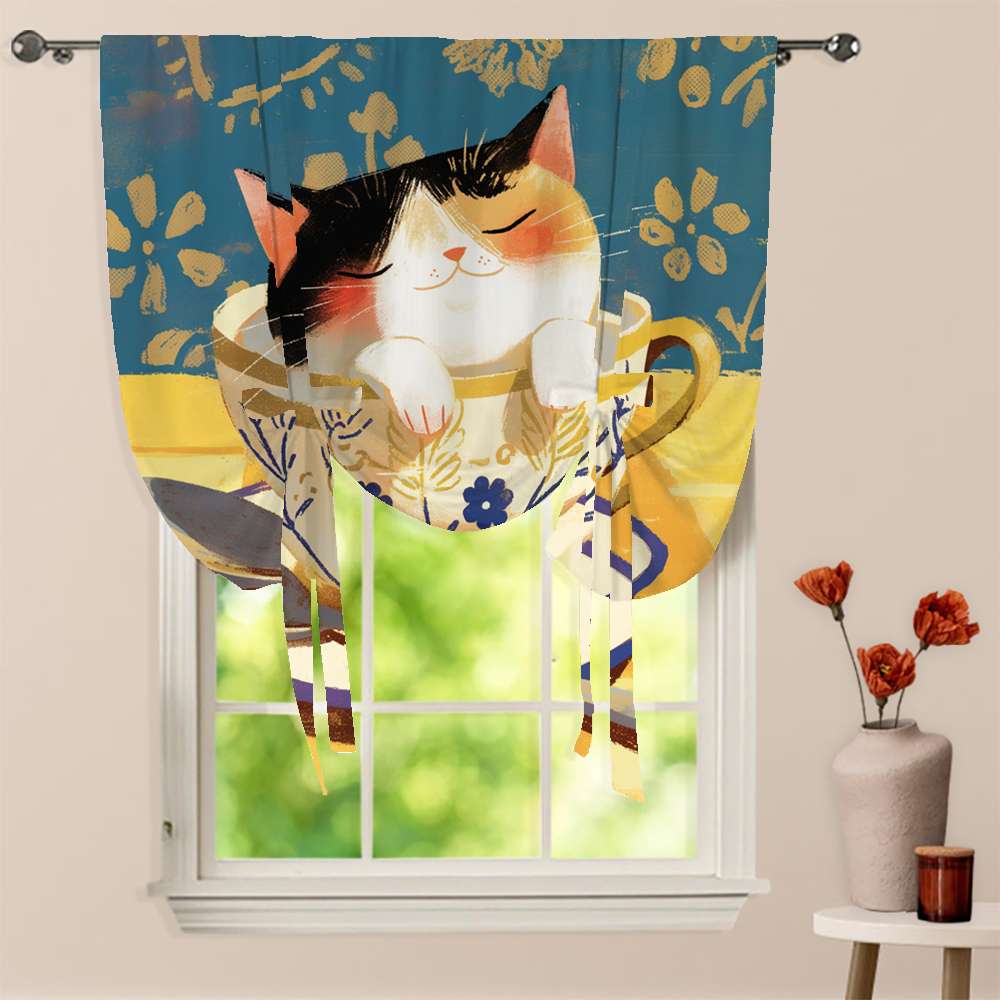 Adorable Cup Cat Window Curtain for Living Room Roman Curtain Kitchen ...