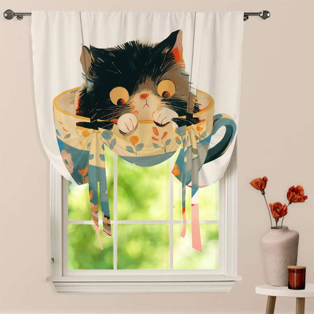 Adorable Cup Cat Window Curtain for Living Room Roman Curtain Kitchen ...