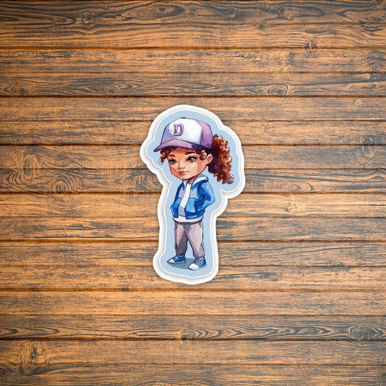 Adorable Curly Haired Girl In Baseball Cap Sticker - Cute Watercolor ...