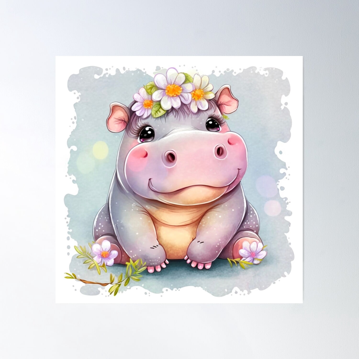 Adorable Cute Girl Hippo Digital Print Wall Art Decor Image Watercolor ...