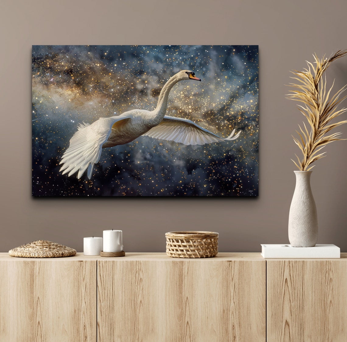 Adorable Cute Swan Flying Wall Art Print For Home Decor Swan In Star ...