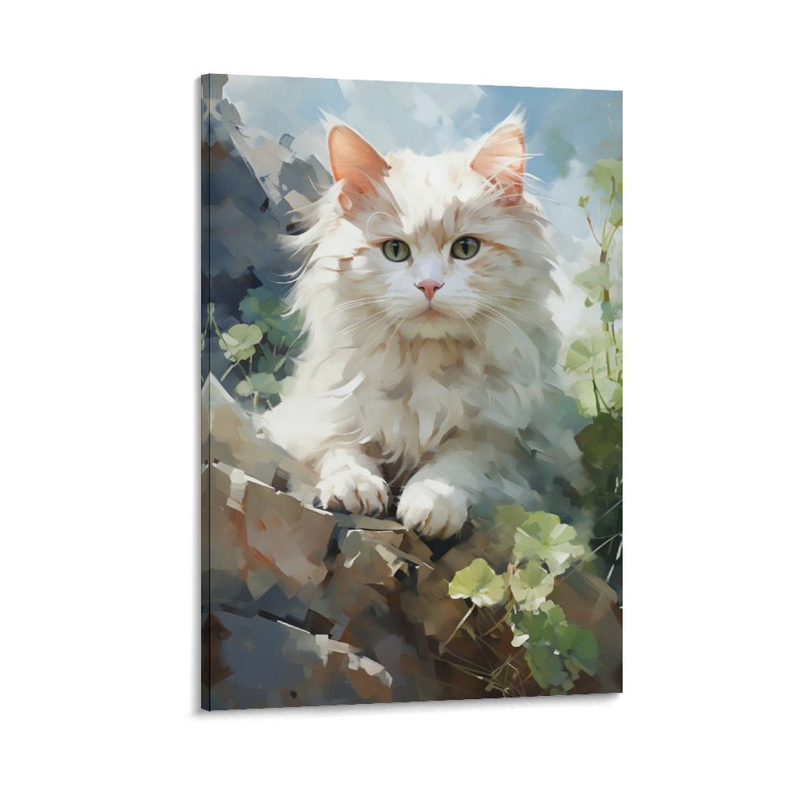 Adorable Cute White Cat_ Landscape Watercolor Art Oil Painting Poster ...