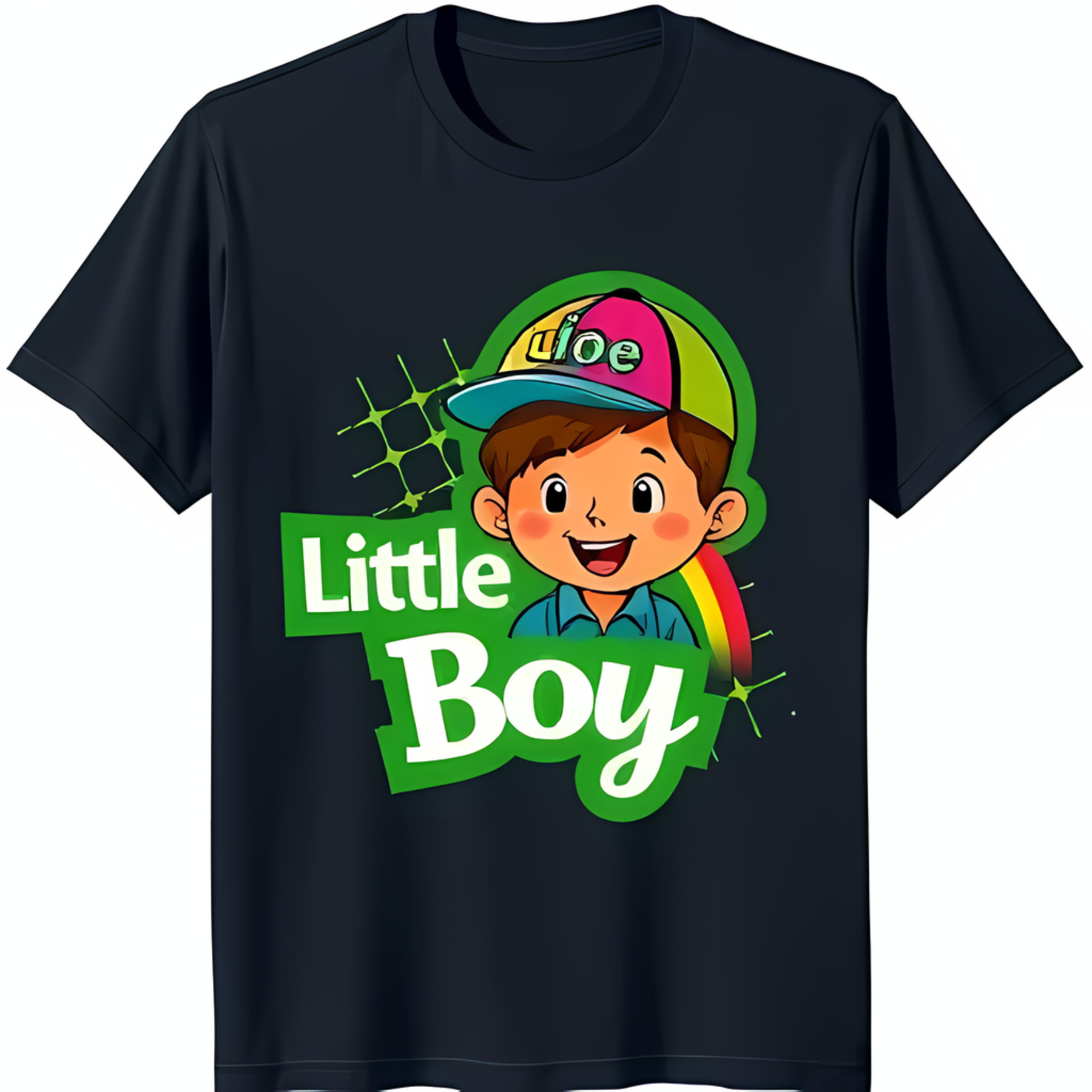 Adorable Dark Blue T-Shirt with Cartoon Boy in Colorful Hat & Rainbow ...