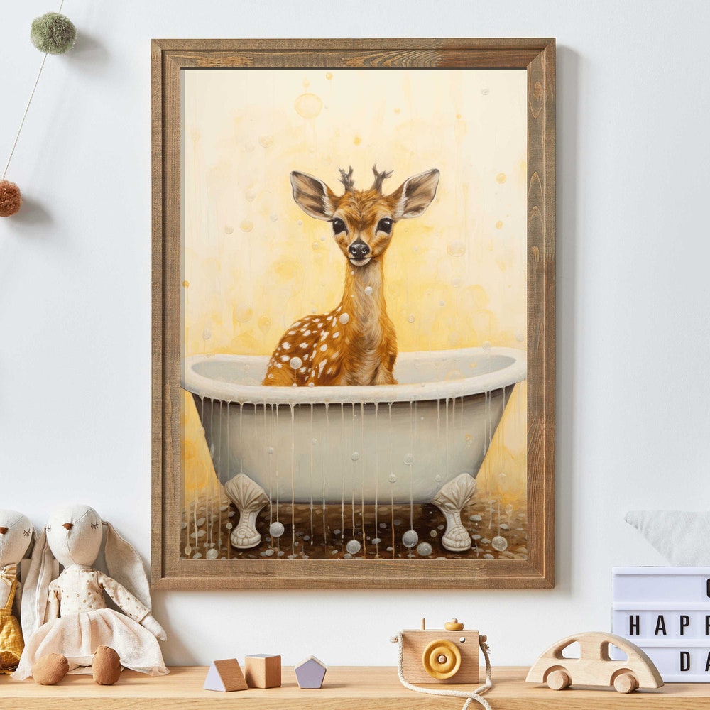 Adorable Deer Bath Time - Vintage Forest Animal Nursery Art - High-Res ...