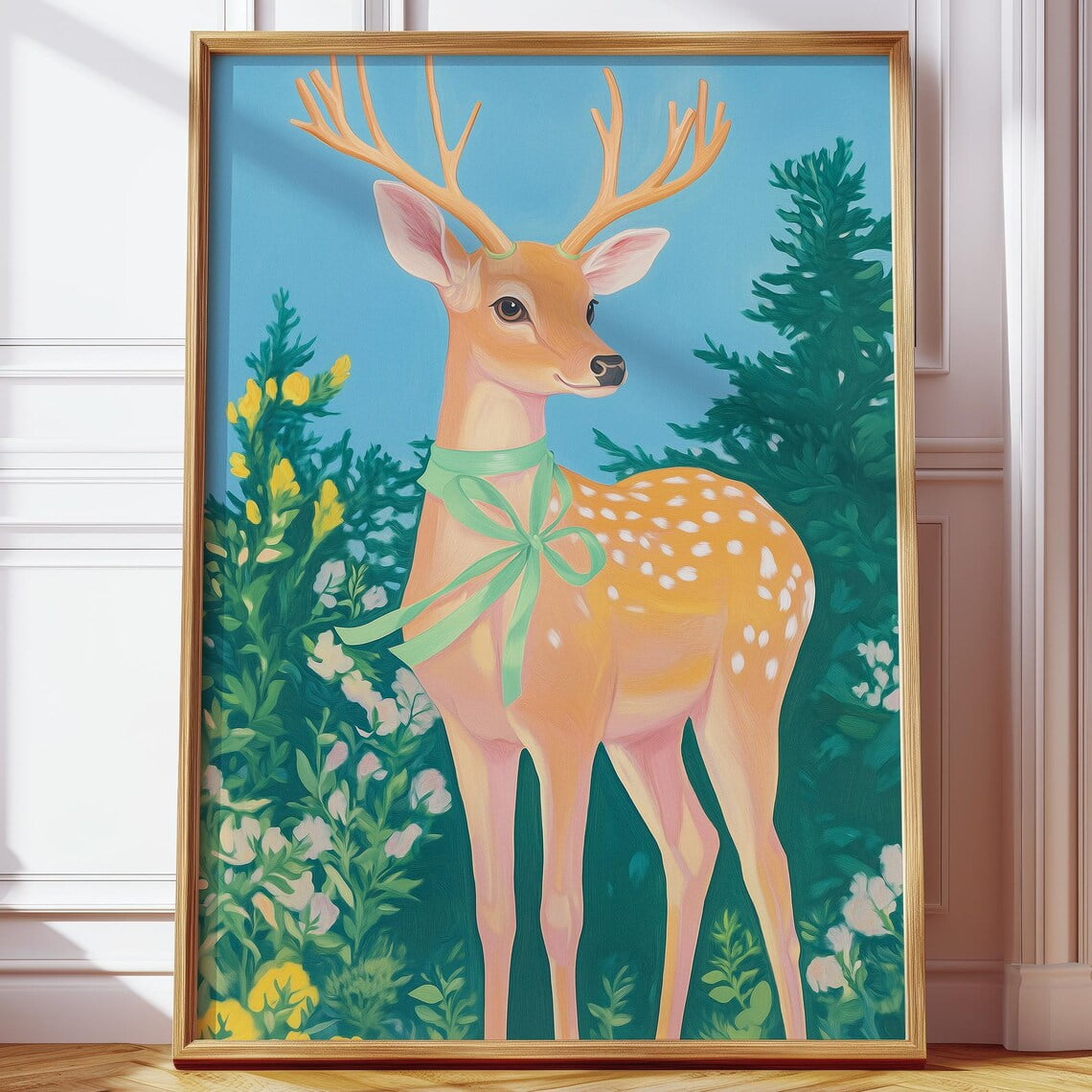Adorable Deer With Ribbon Art, Oil Painting Style Botanical Deer Poster ...