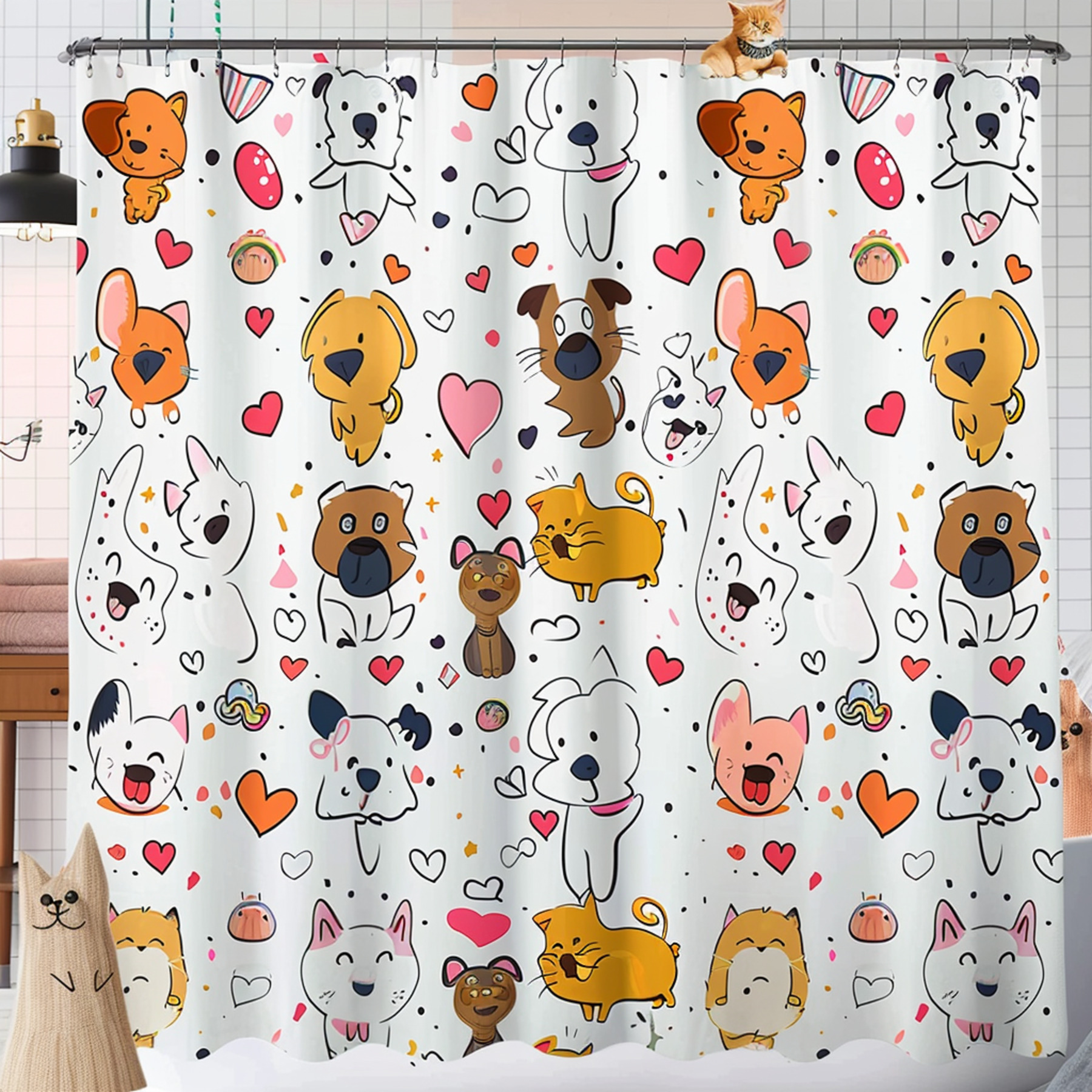 Adorable Dog and Cat Cartoon Pattern Shower Curtain with Hearts and ...