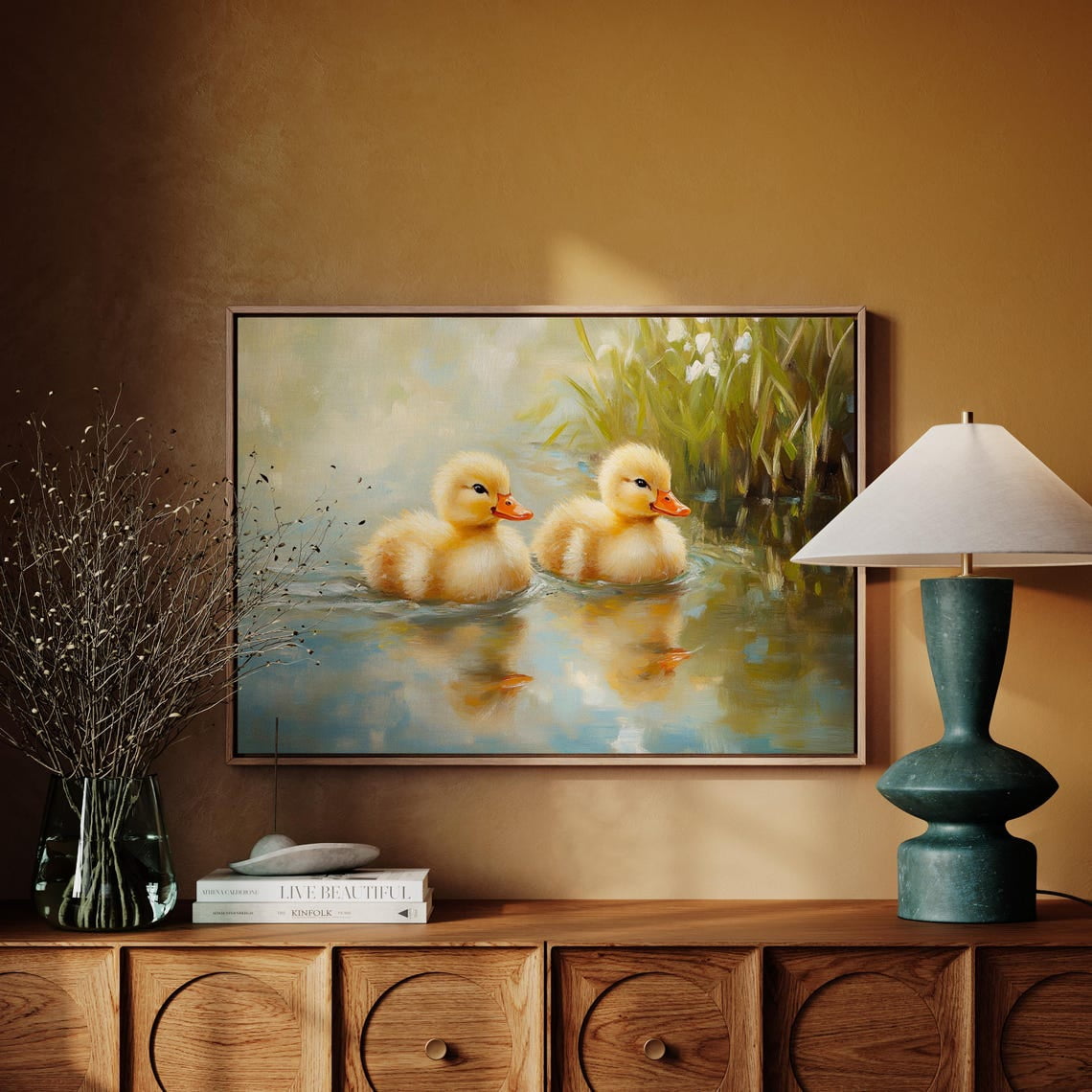 Adorable Duckling Wall Art - Fluffy Yellow Ducks Swimming In Pond ...