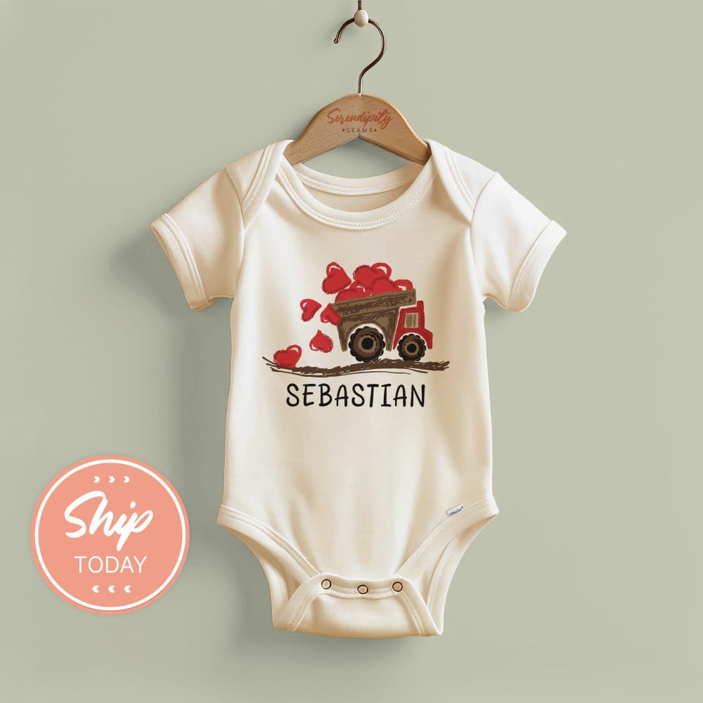 Adorable Dump Truck Baby Onesie With Red Hearts, Cute Baby Shower Gift ...