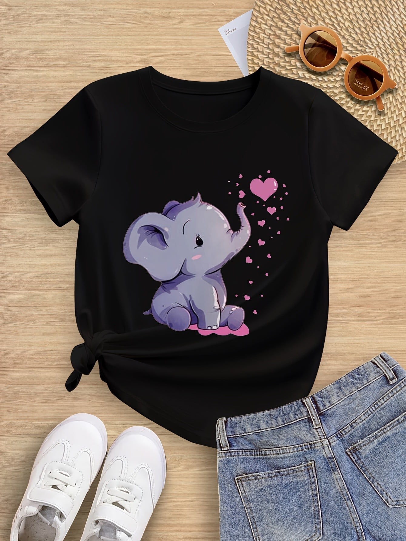 Adorable Elephant Heart Print Girls' T-Shirt - Casual Round Neck Short ...