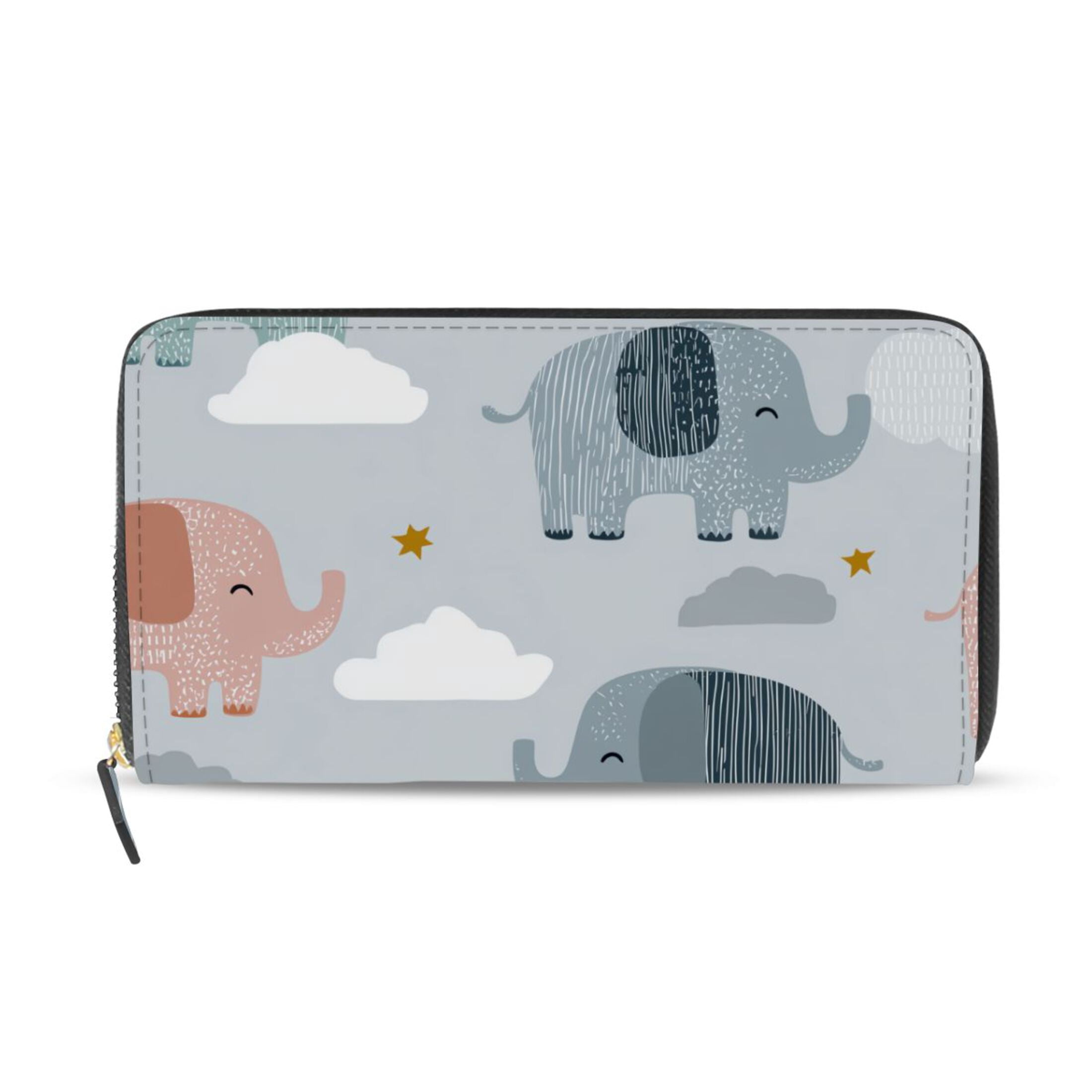 Adorable Elephants with Stars Clouds Women's Long Zipper Wallet Bifold ...