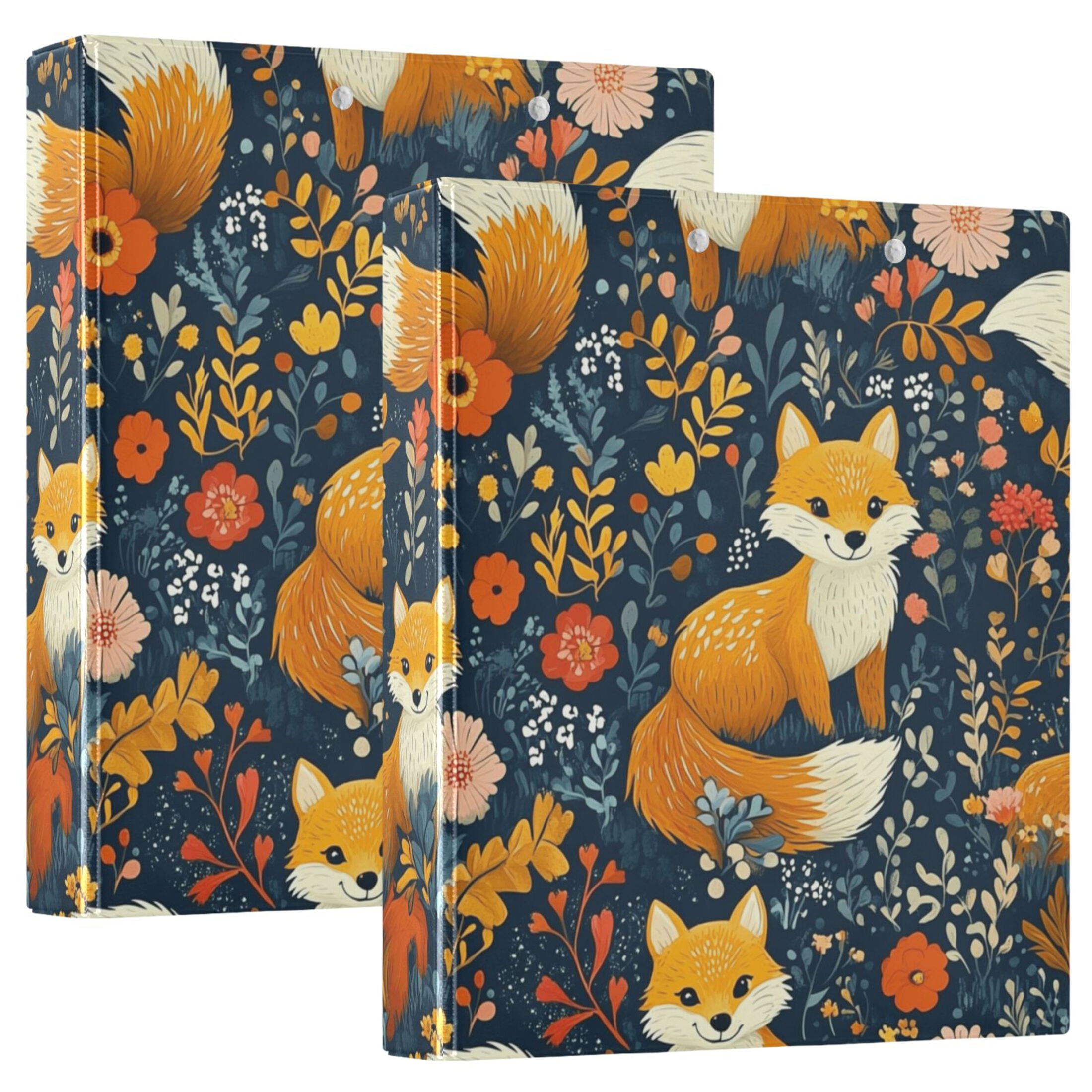 Adorable Foxes with Flowers Leaves Hardcover 3 Ring Binder 1.5” Round ...