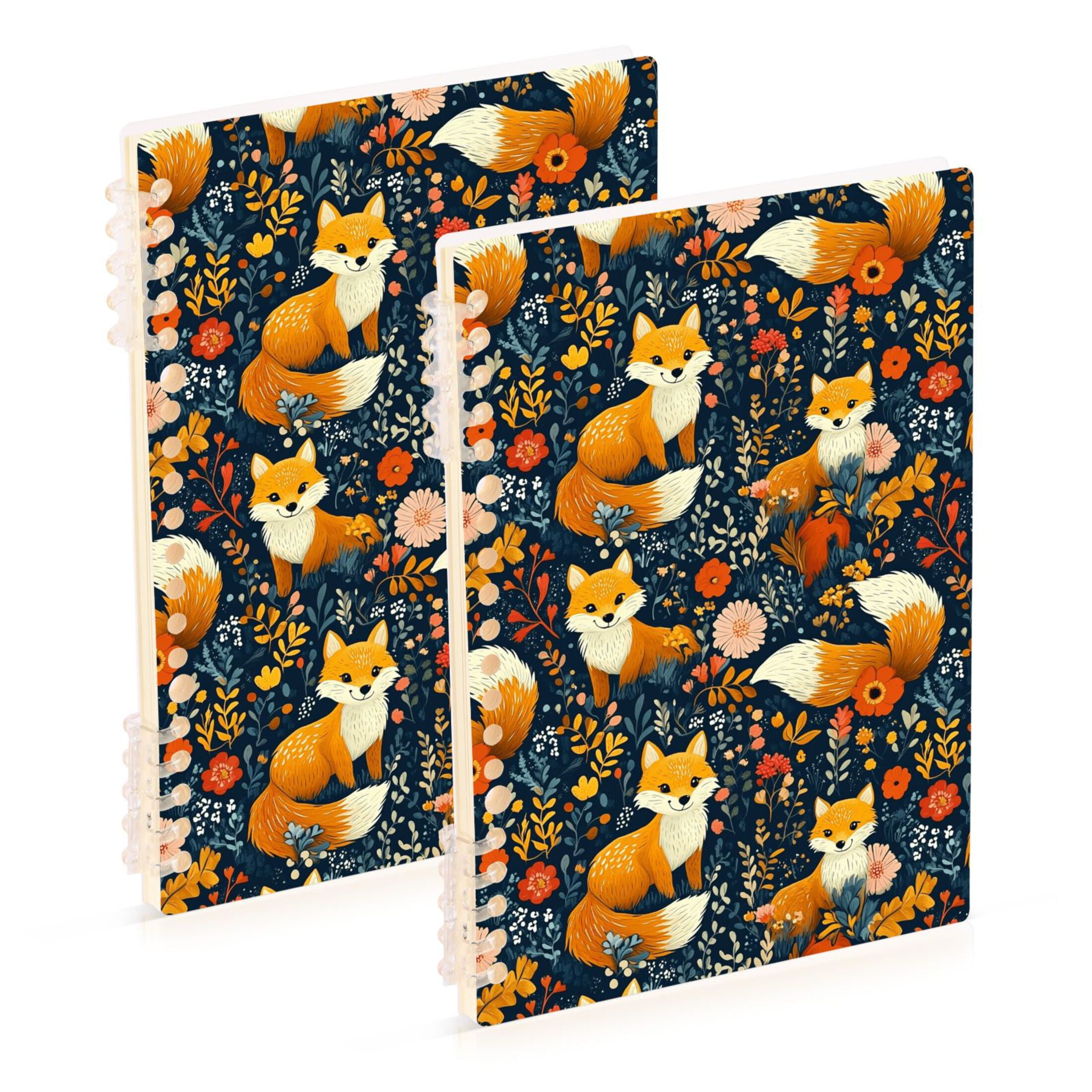 Adorable Foxes with Flowers Leaves Notebooks 2 Pcs 1-subject Journal 60 Sheets A5 College Ruled ...