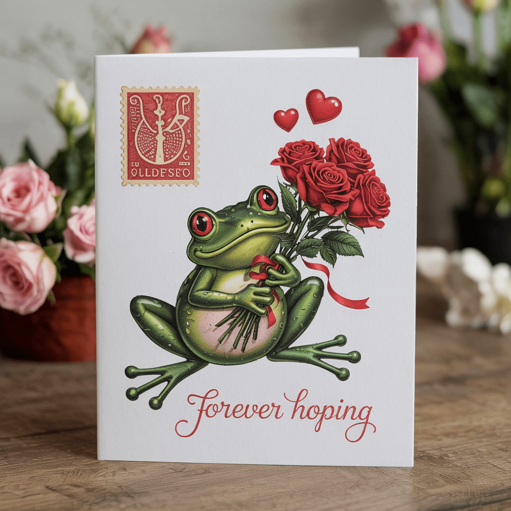 Adorable Frog with Roses Greeting Card - Blank Inside, Perfect for Love ...