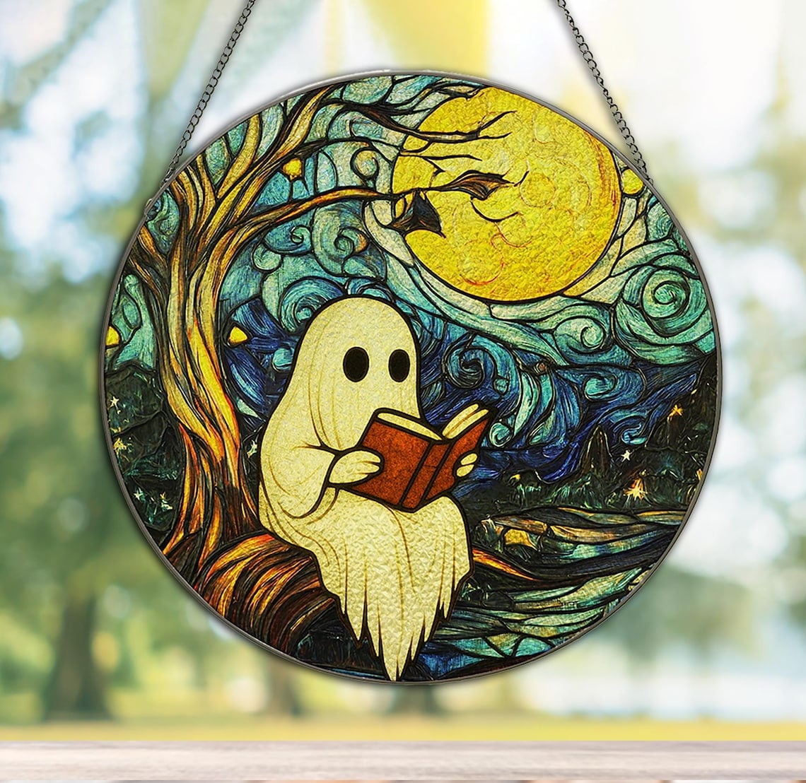 Adorable Ghost Reading Book Glass Suncatcher, Book Lover gift, Cute ...