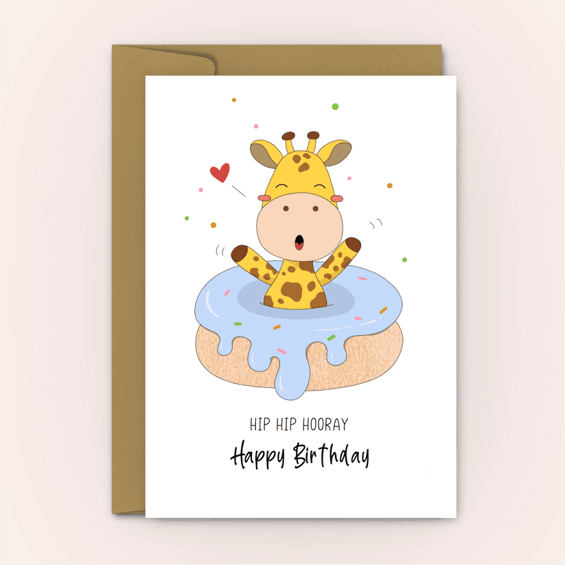 Adorable Giraffe Birthday Card – "Hip Hip Hooray" Design with Donut ...