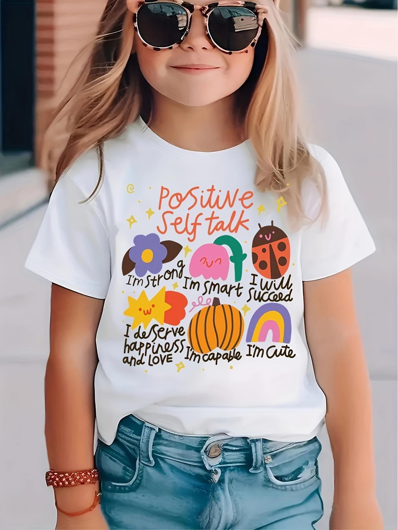 Adorable Girls' Cartoon Rainbow & Plant Print T-Shirt - Soft Polyester ...