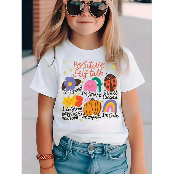 Adorable Girls' Cartoon Rainbow & Plant Print T-Shirt - Soft Polyester ...