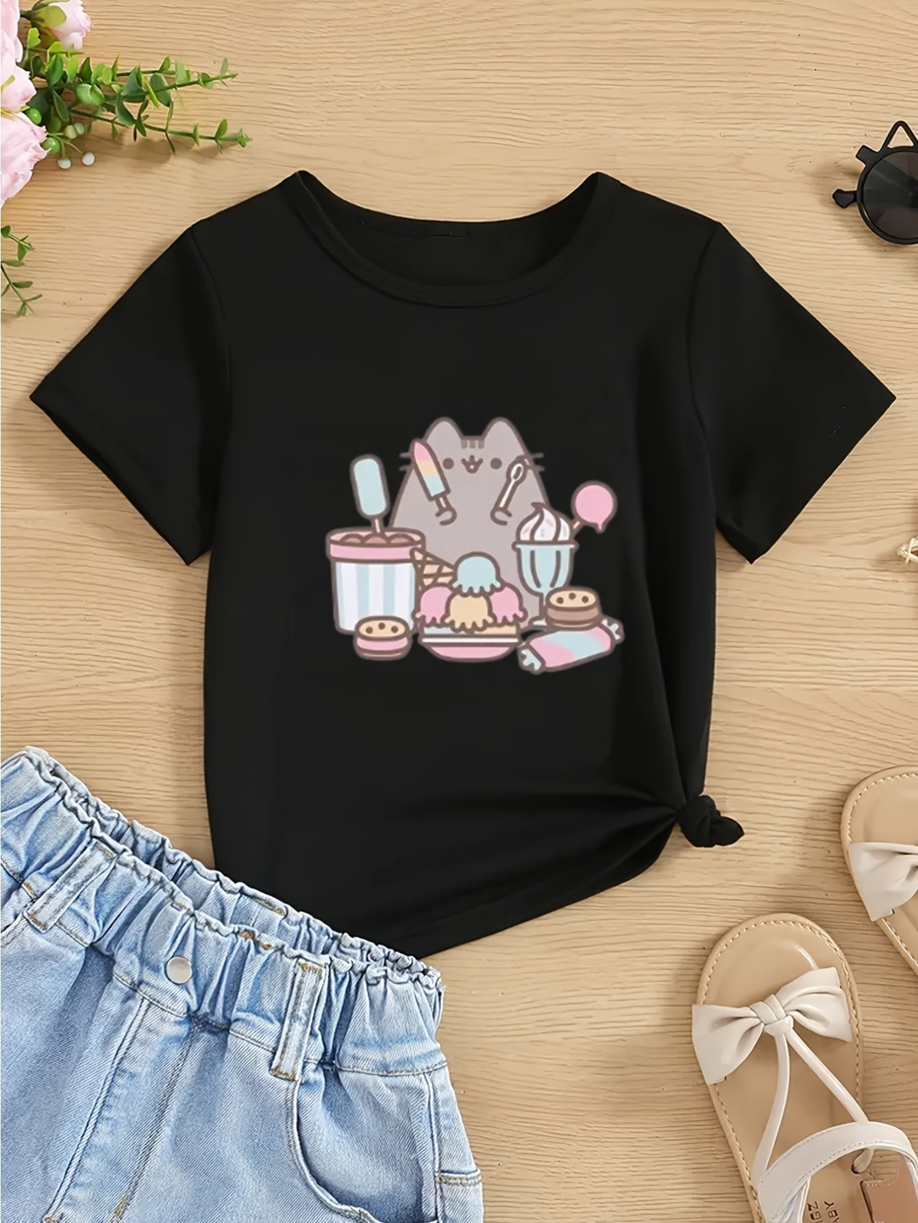 Adorable Girls' Casual T-Shirt with Whimsical Animal & Dessert Print ...