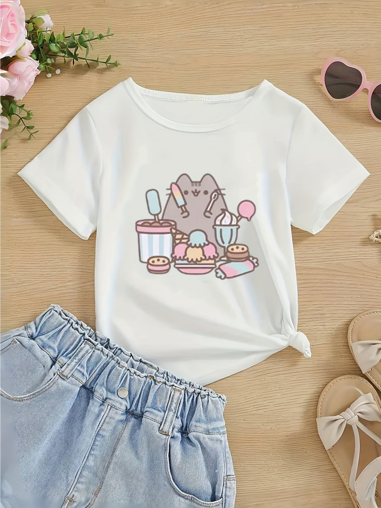 Adorable Girls' Casual T-Shirt with Whimsical Animal & Dessert Print ...