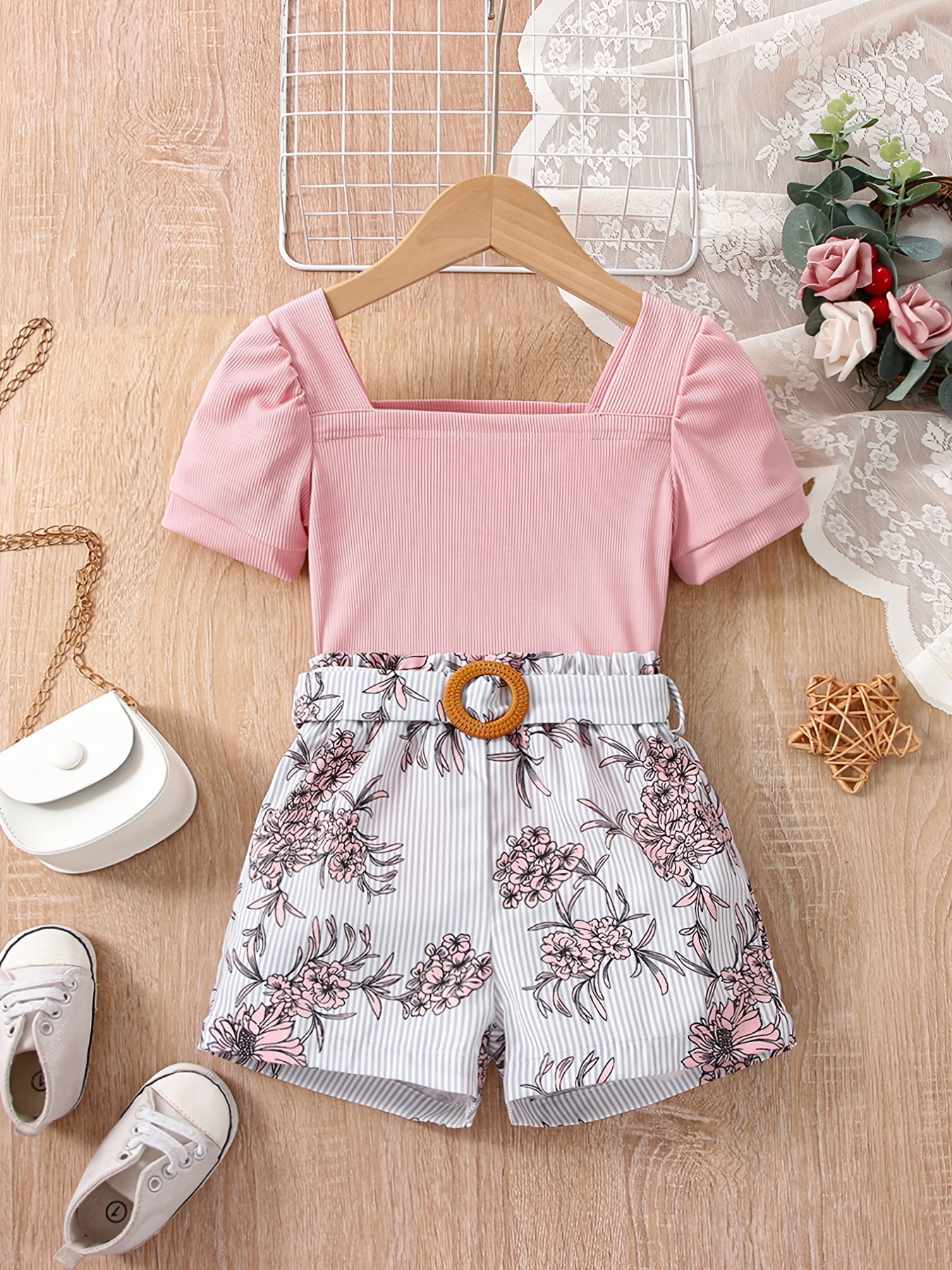 Adorable Girls Floral Summer Short Set Square Neck Top & Striped Flower ...