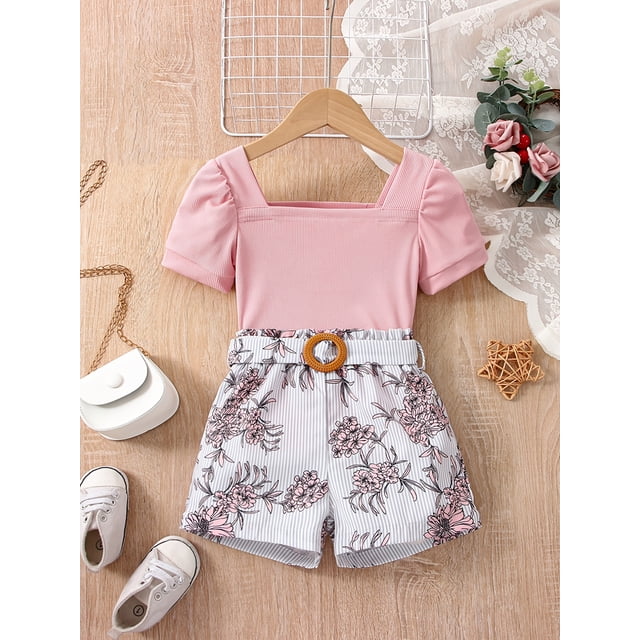 Adorable Girls Floral Summer Short Set Square Neck Top & Striped Flower ...