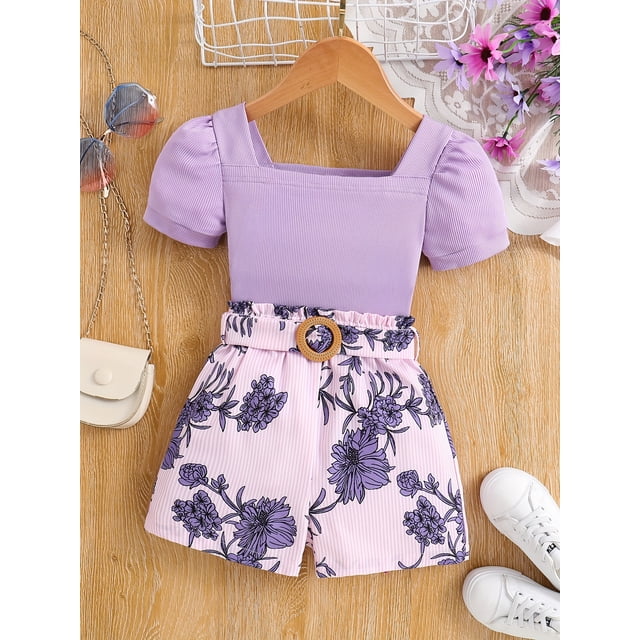 Adorable Girls Floral Summer Short Set Square Neck Top & Striped Flower ...